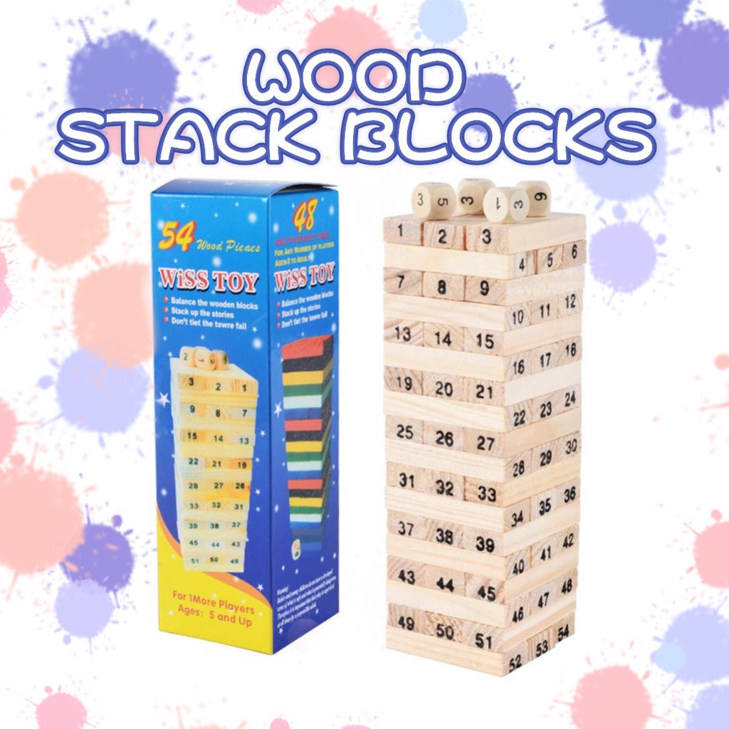 54 PCS Kids Wooden Block Stack Building Block Toys Game Stack Blocks ...