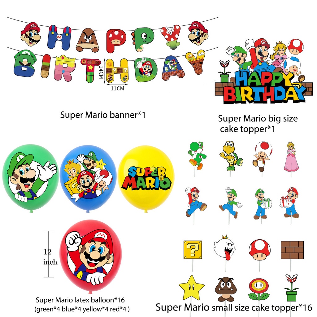 Super Mario Bros Theme Foil Balloon Banner Cake Topper Latex Balloons ...