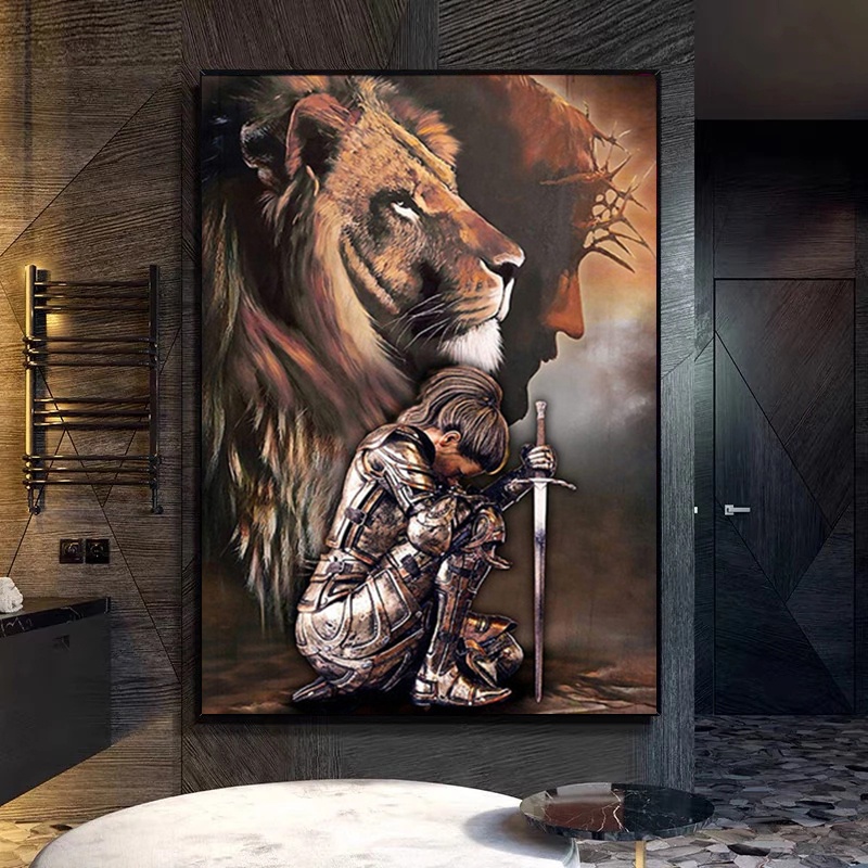 Lion Female Knight Faith Christian God Jesus Canvas Painting Poster and ...