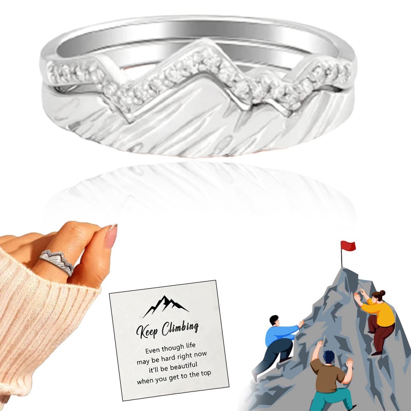 2Pcs/set Women Girls Shiny Zircon Wave Layered Mountain Peak Rings Simple Unique Silver Color ...