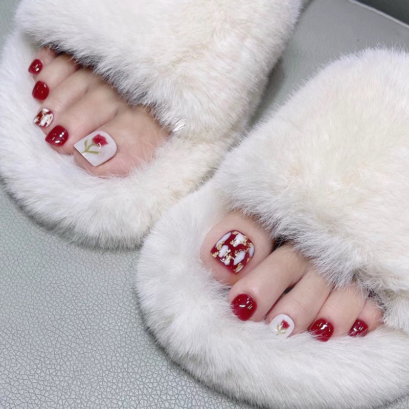 Wine Red Leopard and Flower Pattern Fake Toenails Foot Fake Nails F058 ...
