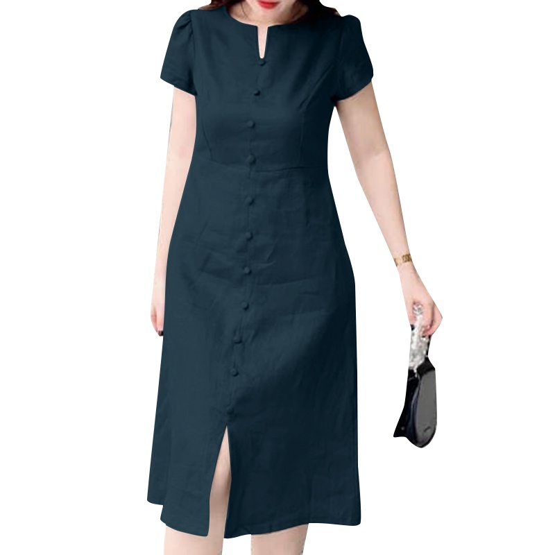 ZANZEA Women Korean Leisure Round Neck Short Sleeve Slit Side Zipper ...