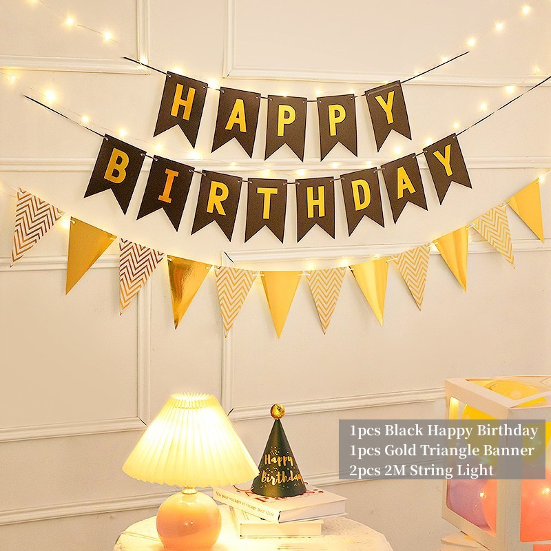 Happy Birthday Banner Flags Set With LED String Light Wall Background ...
