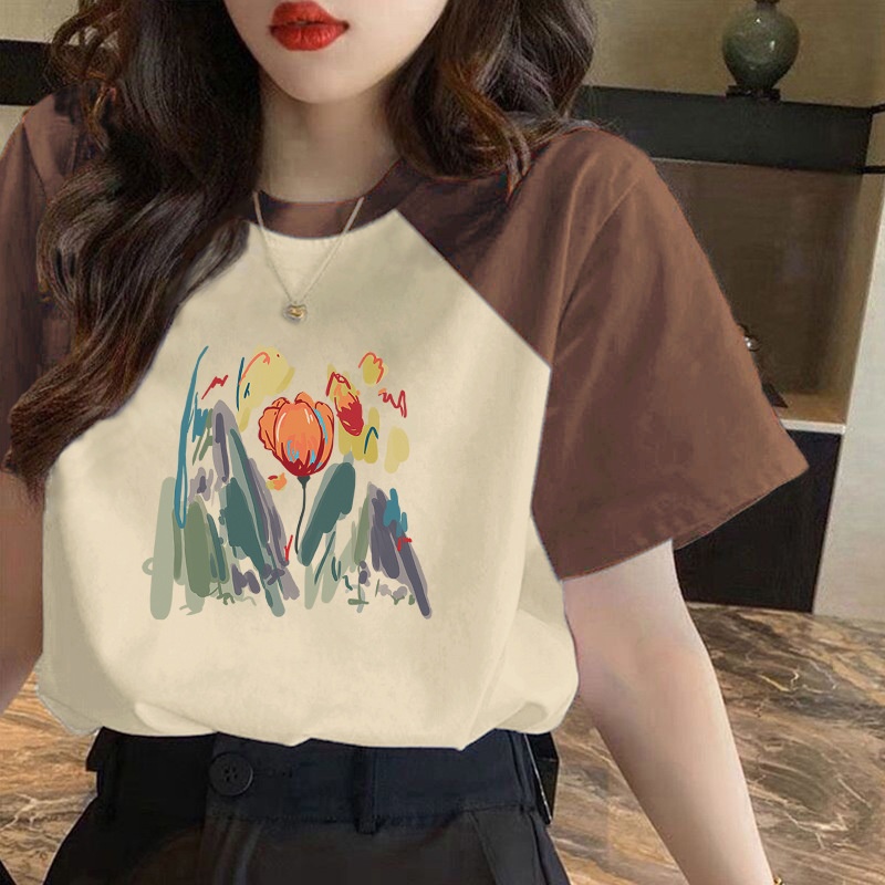 French patchwork color chic top senior sense of temperament T-shirt ...