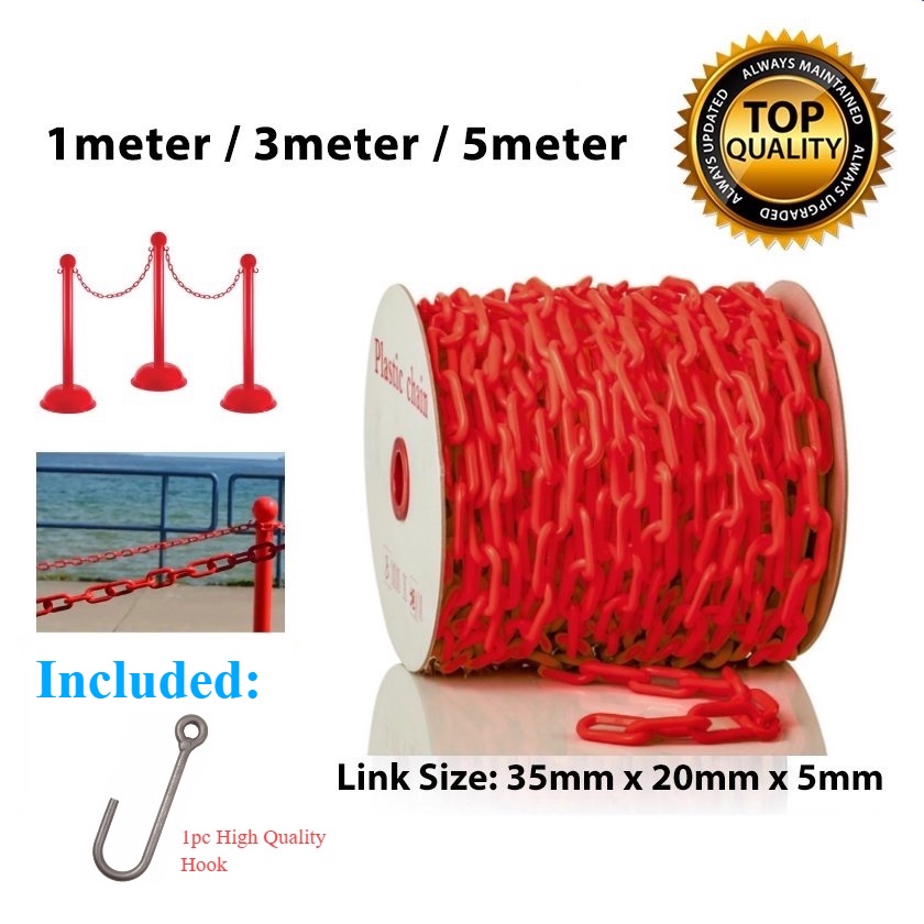 Plastic Safety Chain Multipurpose 1m 3m 5m with S/S Hook, Link Warning Barrier (Red) Plastic ...