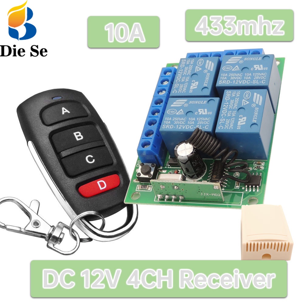 433Mhz RF Wireless Relay Receiver Switch DC 12V 4 Ch 10A Relay ...