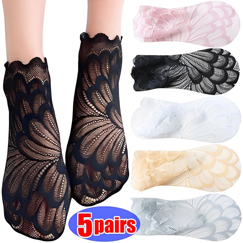 5 Pairs Women Lace Flower Mesh Socks Non-slip Invisible Liner Sock ...