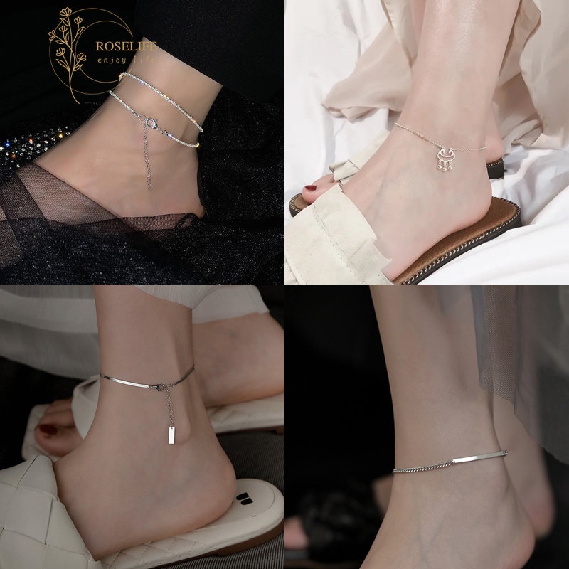 Roselife Korean S925 Silver Glossy Foot Chain Anklet Bracelet for Women Girls Simple Fashion ...