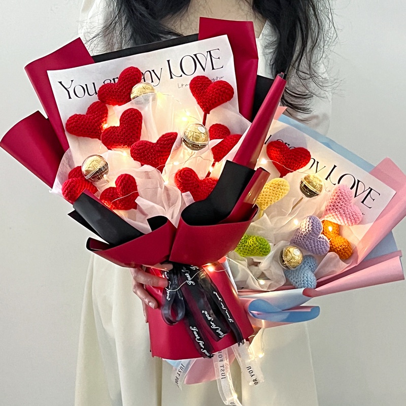 Heart Shaped Bouquets Handwoven Artificial Flowers Yarn Weaving Bouquets Fake Flowers Valentine ...