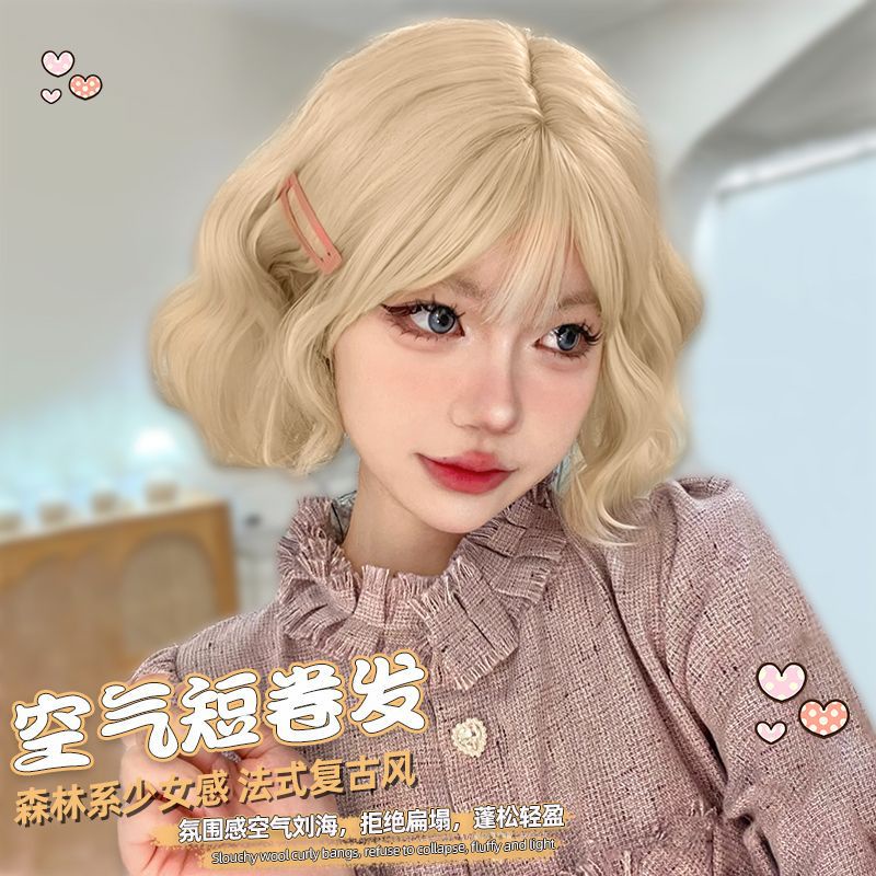 White Blonde Wig Female Short Hair Cute Age-Reducing Short Curly Hair ...