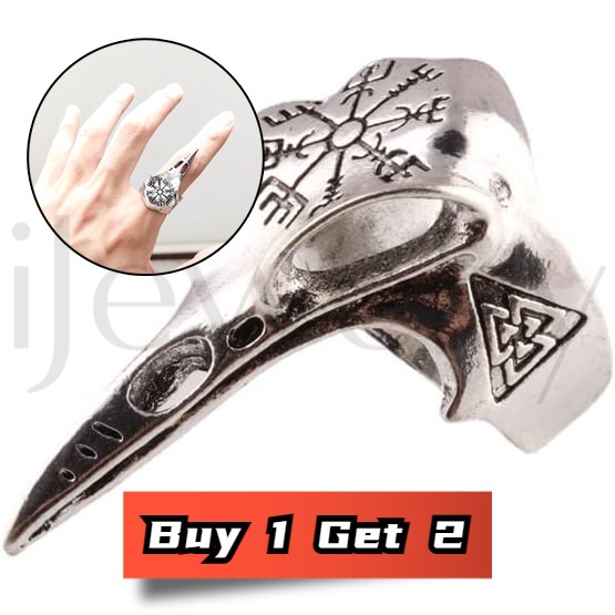【Buy 1 Get 2】Viking Crow Skull Ring, with Runic Compass, Vegvisir ...