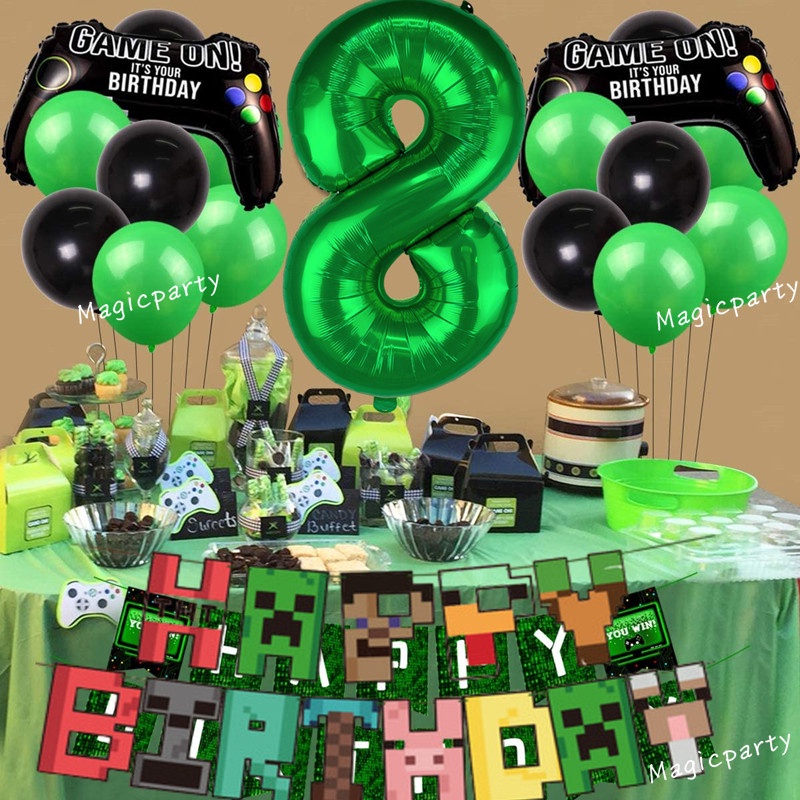33pcs Minecraft Theme Happy Birthday Banner Level Up Foil Balloon Video ...