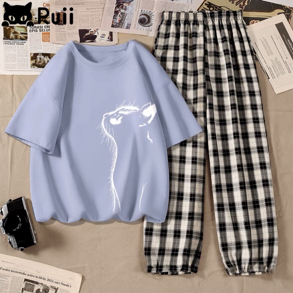White Cat T-shirt set + colored karo pants, beautiful unruffled tops ...