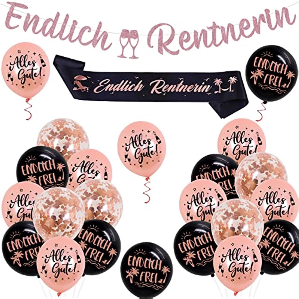 JOLLYBOOM Retirement decoration in black and rose gold, banner Endlich ...