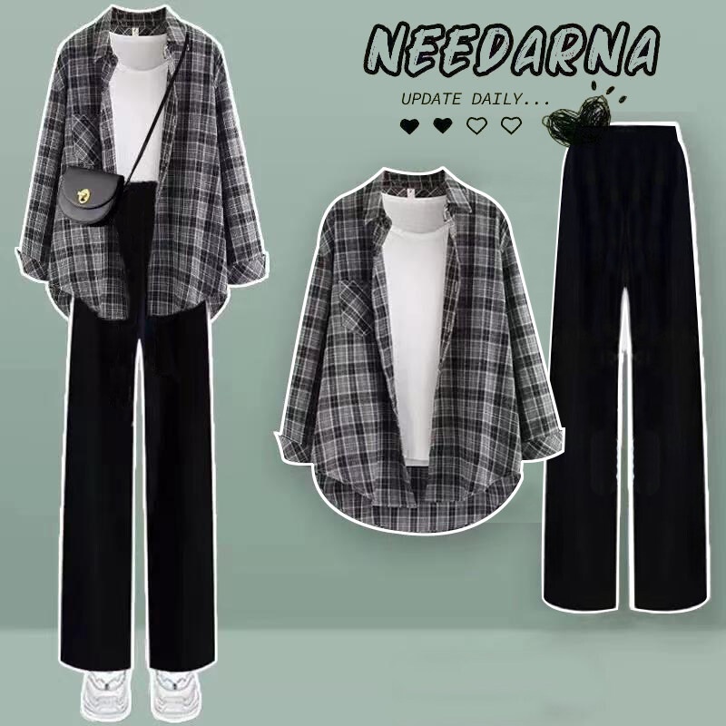 3PCS / Single Korean Style Outfits for Women Set Wear Retro Plaid Long ...