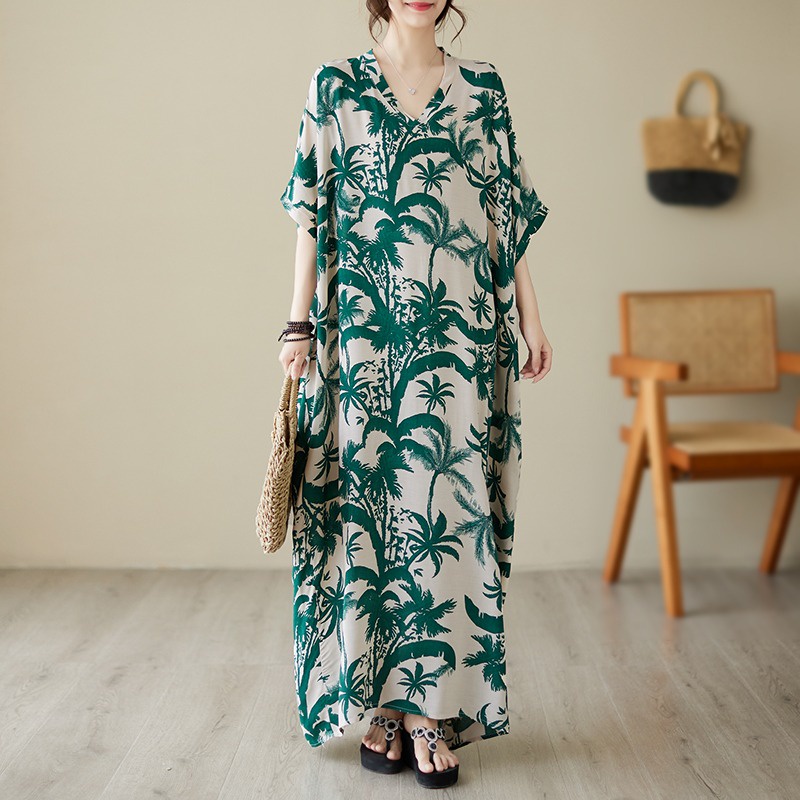 Wanita Summer Green Floral Cotton and Linen Premium Baju Kaftan Short ...