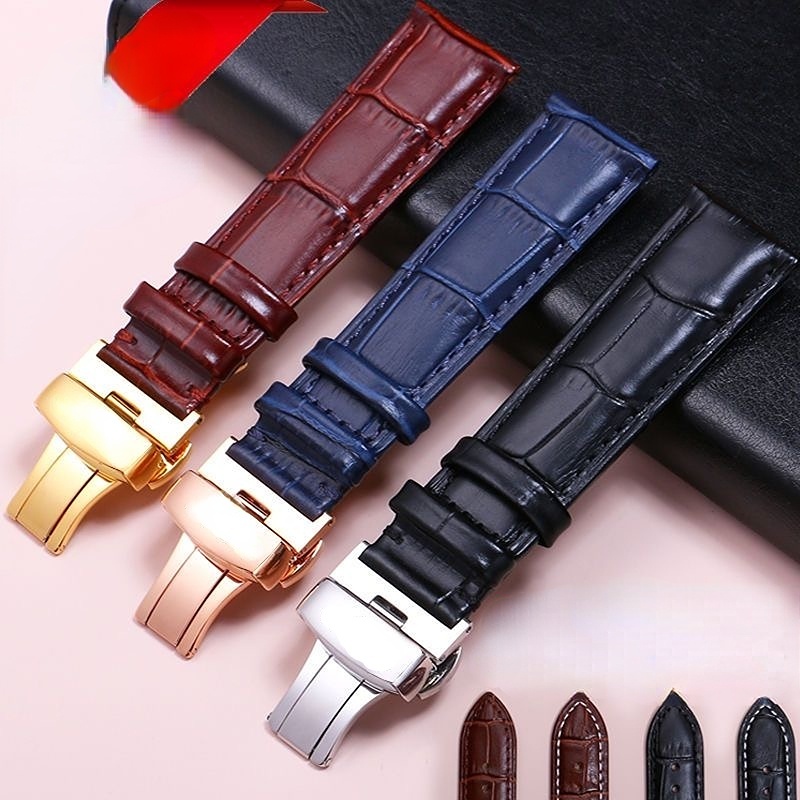20mm 22mm Geniune Leather Strap Rose Gold Black Double Press Butterfly ...