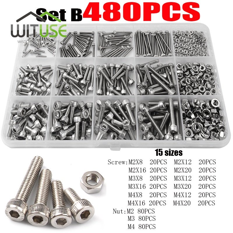 480pcs Screws Set M2 M3 M4 304 Stainless Steel Allen Bolt Hex Hexagon ...