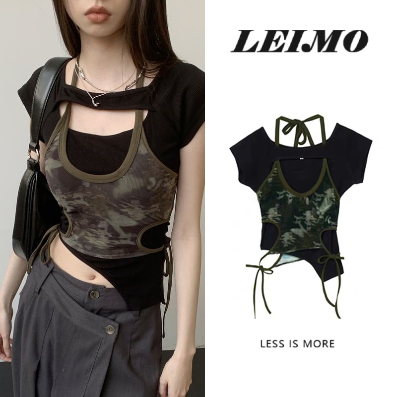 Summer new unique top women's camouflage printed two-piece mesh sling T ...