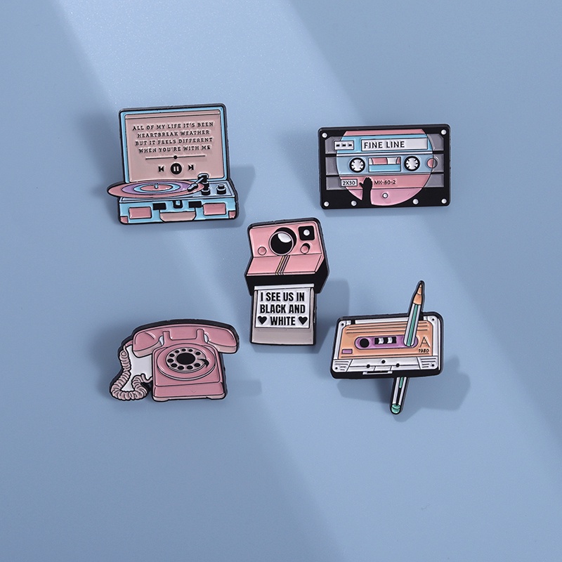 Vintage Music Tape Enamel Pins Radio CD Record Brooch Pink Telephone ...
