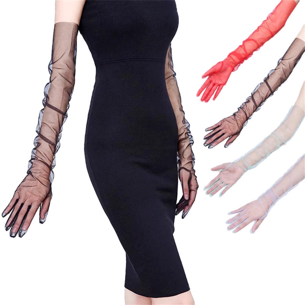 Fashion Long Sheer Tulle Gloves Ceremonial Slim Stretch Full Finger ...