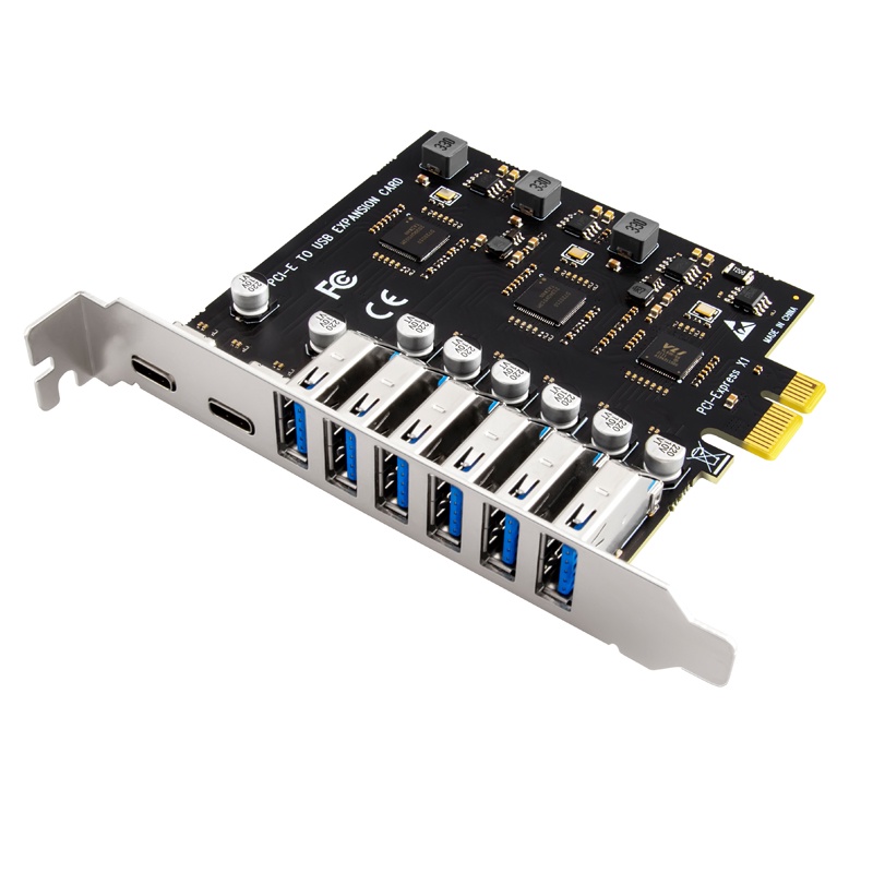 USB 3.2 Card PCIe X1 To USB Gen1 5Gbps 8 Port (6 USB A 2 Type C) Chip ...