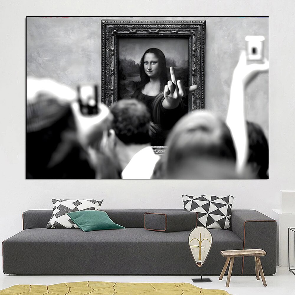 Funny Mona Lisa Middle Finger Canvas Painting Black Famous Art Poster ...