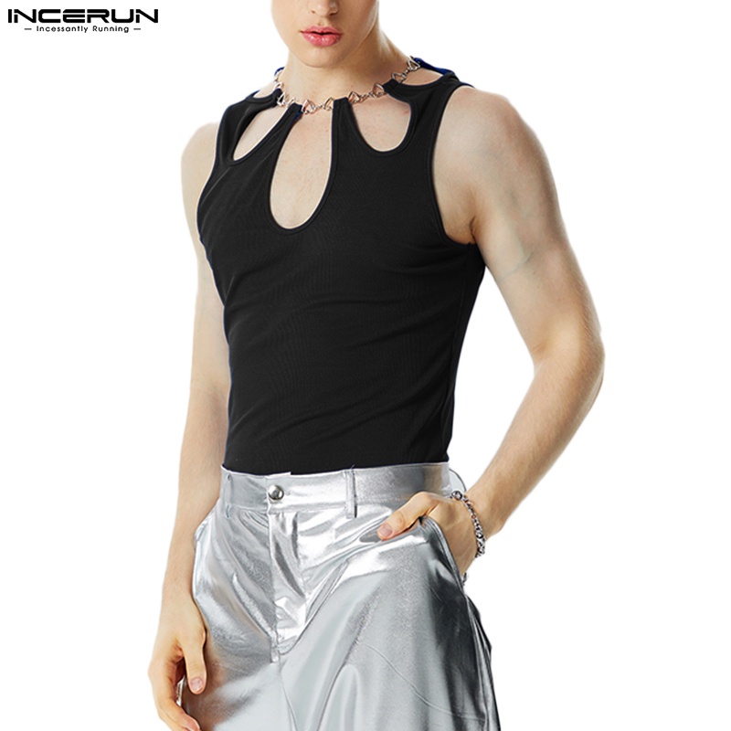 INCERUN Men Vintage Solid Color Scooped-Out Deconstructed Tanks ...