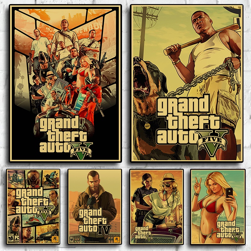 GTA 5 Classic Hot Video Game Retro Style Painting Art Home Wall Decor ...