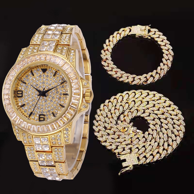 Hip Hop Set Fashion Steel Band Watch Bracelet Necklace Rhinestone ...