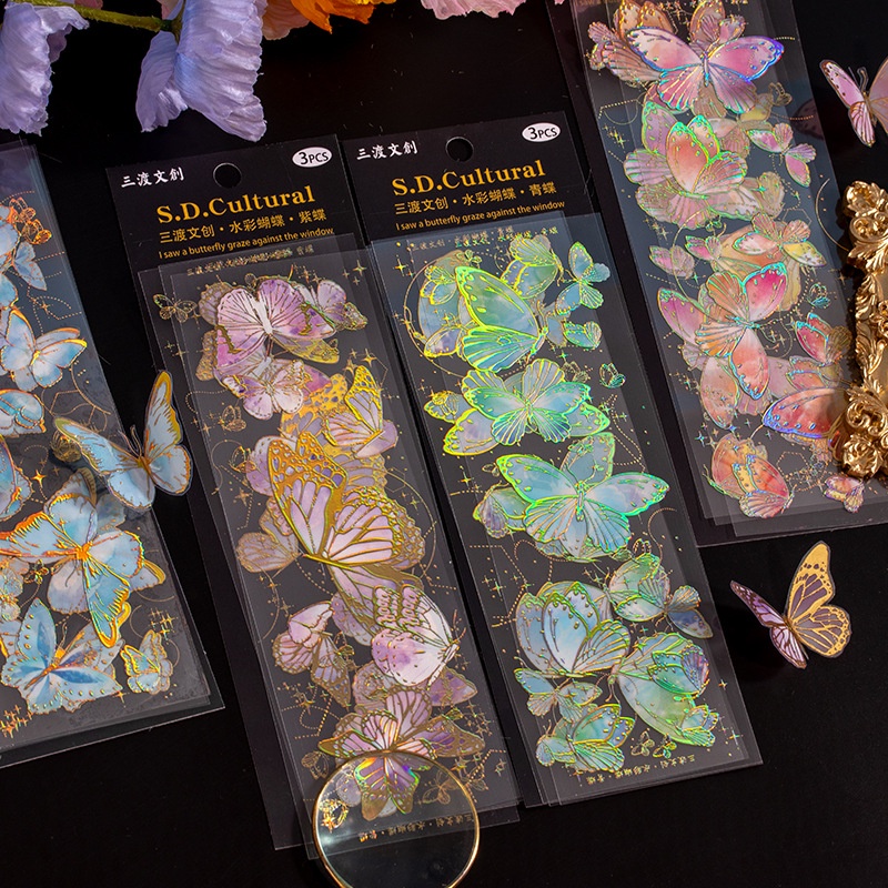 Journamm 3pcs/pack Butterfly Stickers 3D Gold Foil DIY CUT Art Collage ...