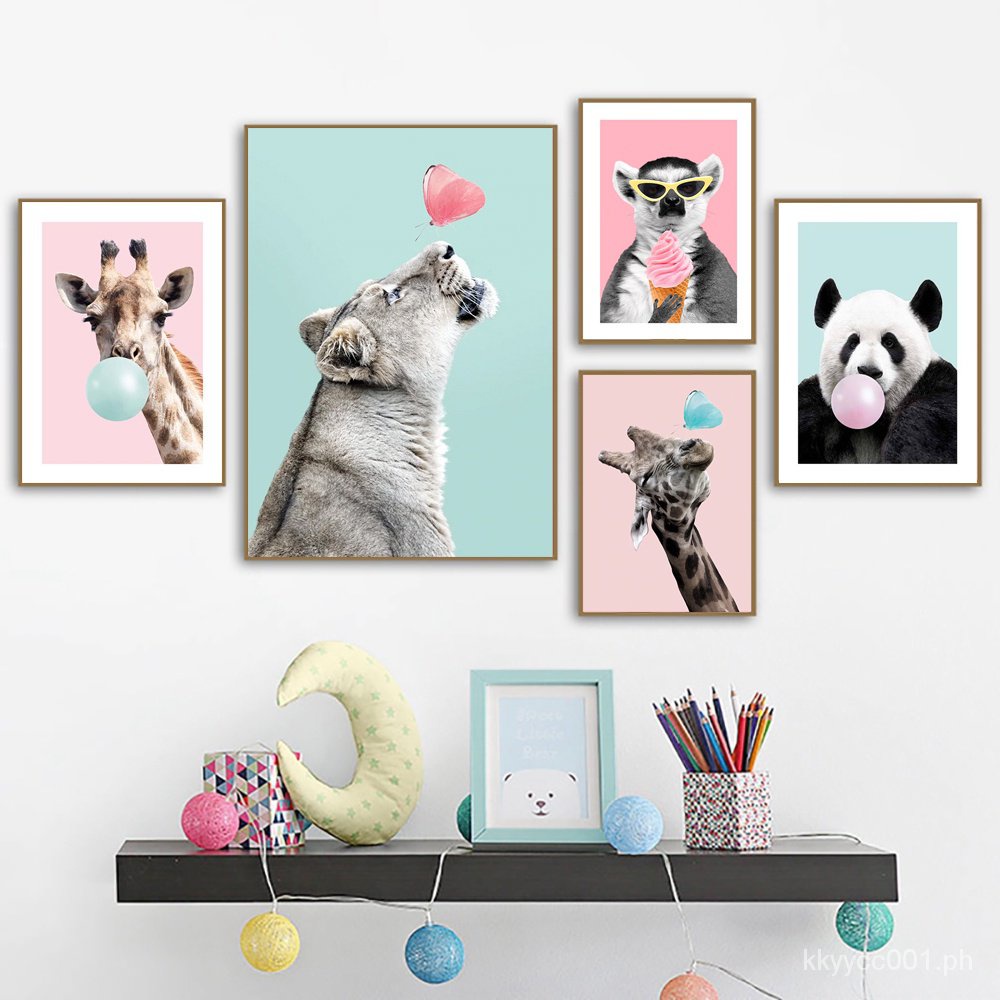 Cute Animal Posters Print Bubblegum Panda Love Leopard Giraffe Canvas ...