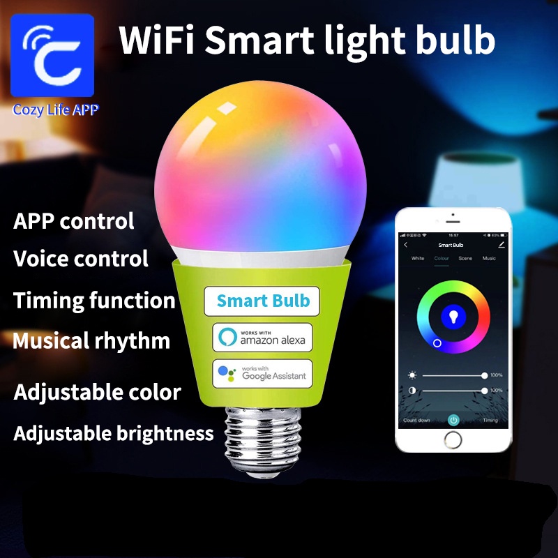 Wifi E27 Smart Bulb 9W LED RGB+White Light Dimmable Timer Function ...