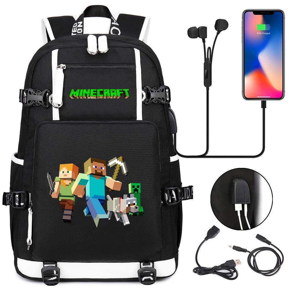 Minecraft USB Chargeable Backpack School Bag Women Men Adults Large ...