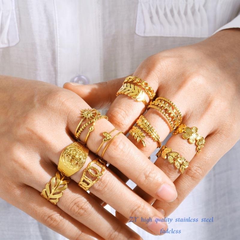 Stainless steel opening ring, gold leaf flower, personalized and ...