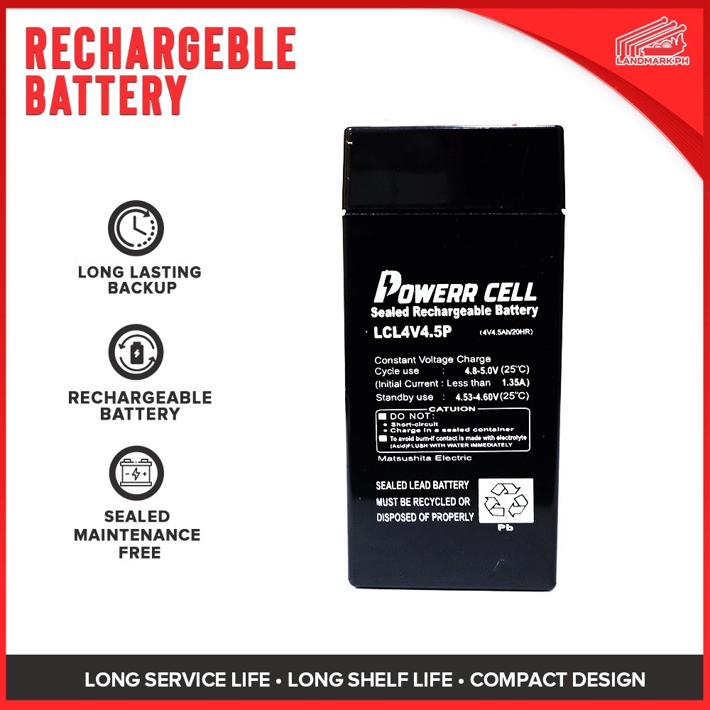 Powerrcell 4V 4.5AH/20HR Sealed Rechargeable Battery 4 Volts 4.5 Ampere ...