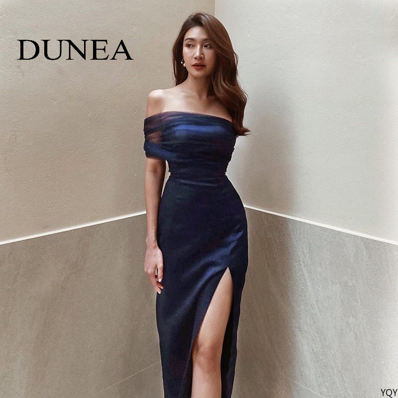 DUNEA Fashion New Satin Slit Sexy Off Shoulder Gown Dress | Shopee Philippines