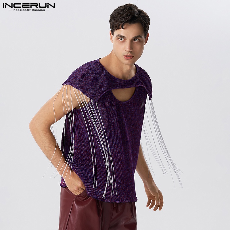 INCERUN Men's Sparkling Tassel Two Piece Design Sense Top T-shirts ...