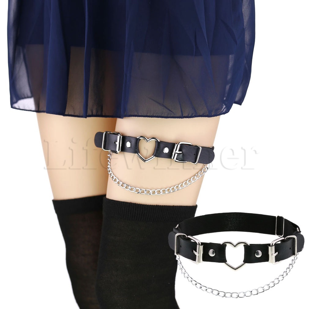 Women Hollow Heart Elastic Faux Leather Punk Body Jewelry Metal Chains Ring Adjustable Party ...