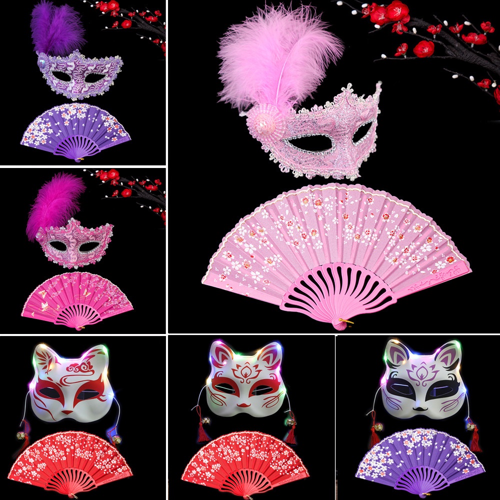 1Pc Anime Masquerade Party Mask Glowing Fox Folding Fan Half Face Cat ...