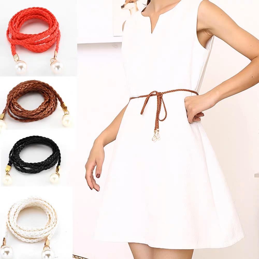 Rope Belt for Women Skinny Woven Boho Belt Braided Stretch Thin Pearl ...