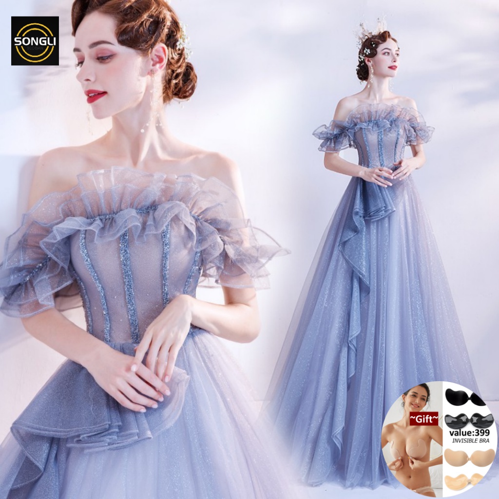 Gradient Blue Prom Dress Off Shoulder Gown Summer New Bride Shining ...