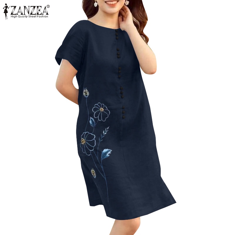 Zanzea Women Korean Casual Short Sleeves Round Neck Floral Embroidery