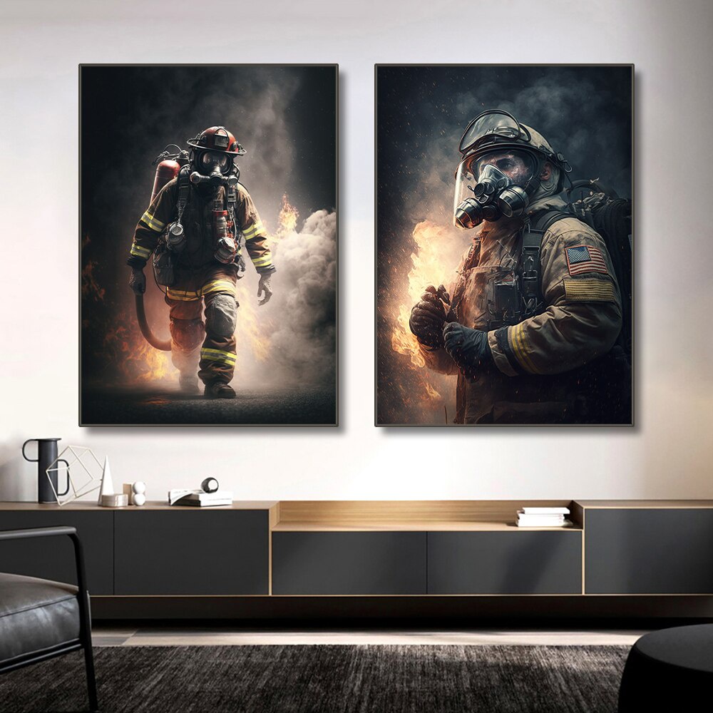 Fireman Portrait Poster Print Canvas Painting Firefighter Wall Art ...
