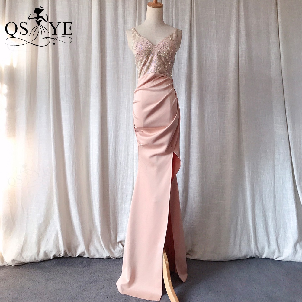 Champagne Evening Dresses Spaghetti Straps V Neck Long Prom Gown Ruched ...