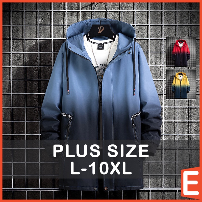 [L-10XL] Plus Size Hooded Jacket Men Korean Gradient Long Sleeve Drawstring Pocket Zip Mid ...