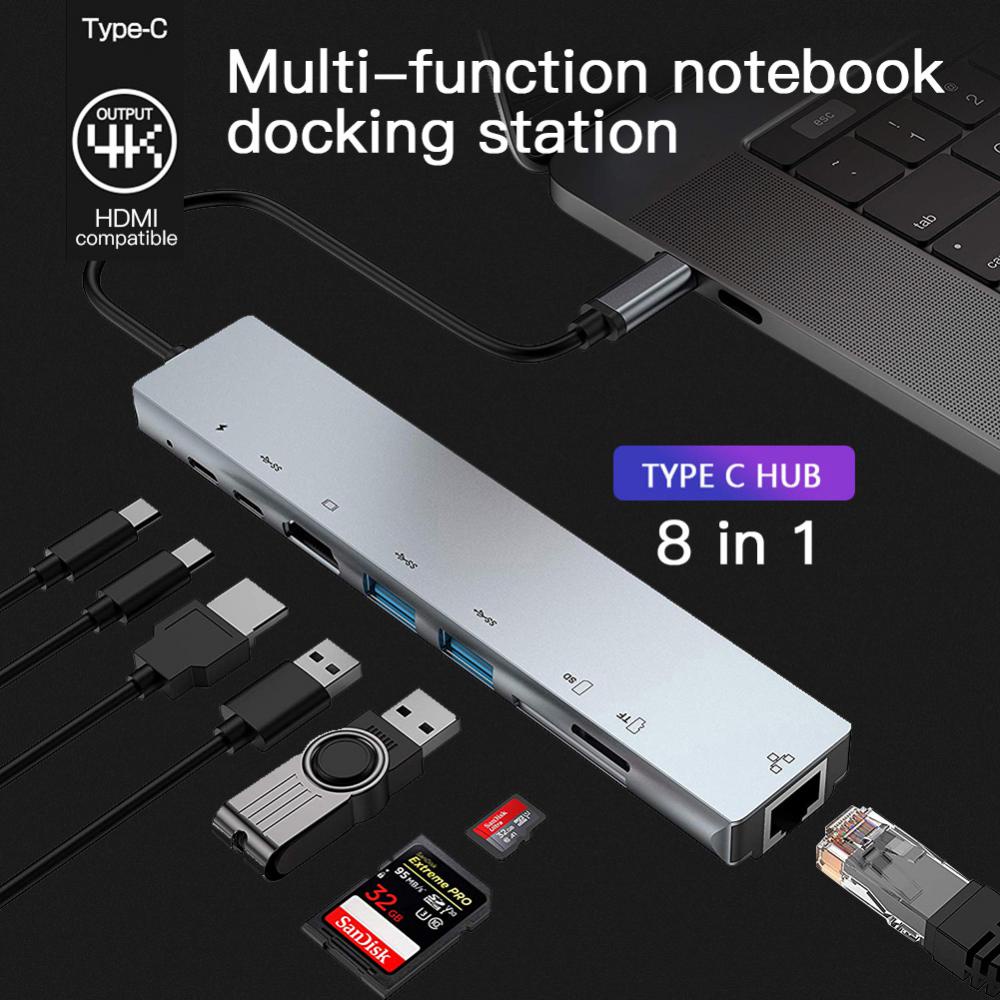 8 in 1 Multiport Hub Type C Adapter with 4K HDMI Ethernet 100Mbps RJ45 ...
