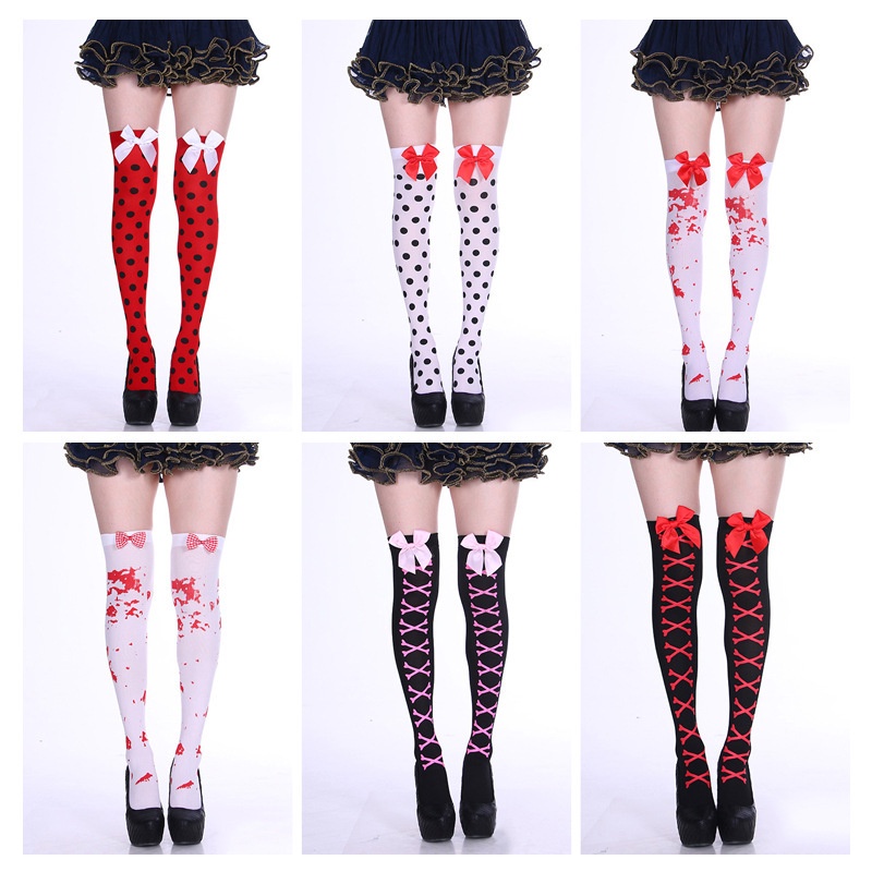 Bow Knot Printed Socks Skeleton Bone Dots Halloween Knee Socks Black ...