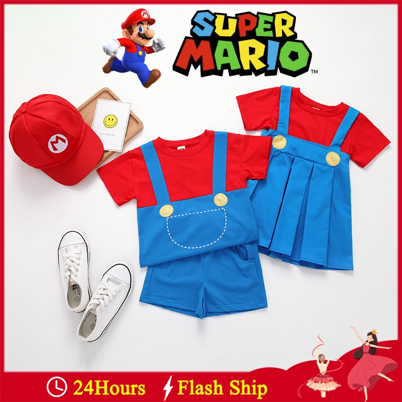 Super Mario Shirt Shorts Boy Terno Girl Dress Cosplay Costume For Kids ...