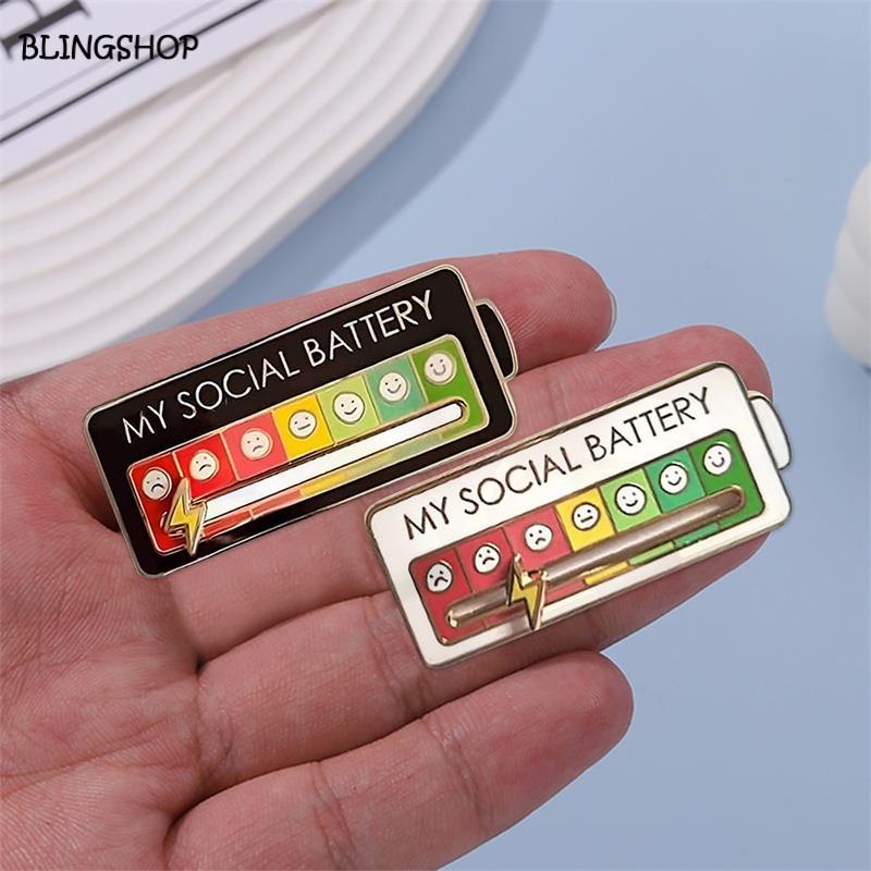 Metal My Social Battery Mood Brooch Pin Funny Interactive Enamel Badge ...